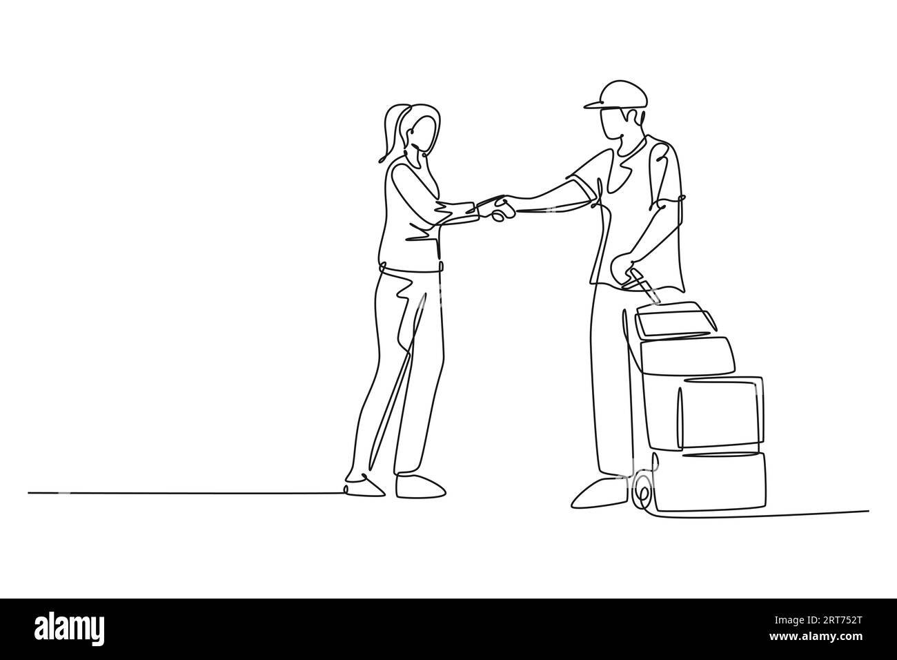 Single one line drawing of courier delivery man handshaking the ...
