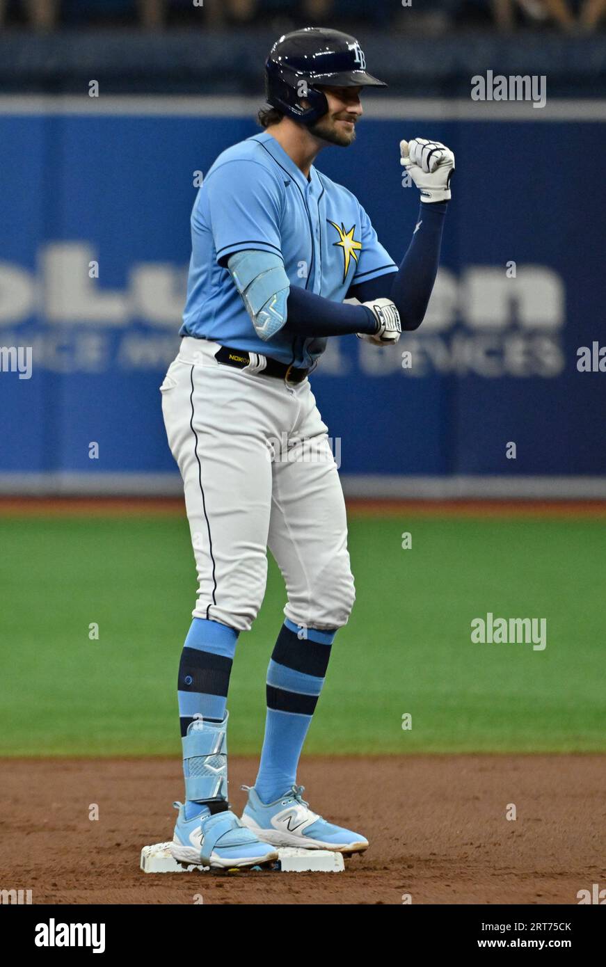 Tampa Bay Rays' Josh Lowe celebrates from second base after hitting an ...