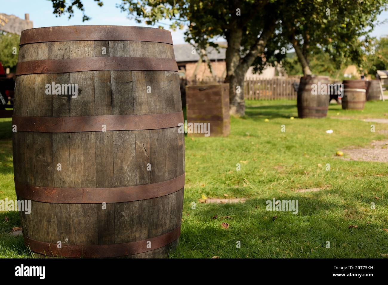 A barrel at the apple farm where the cider drink is stored Stock Photo ...