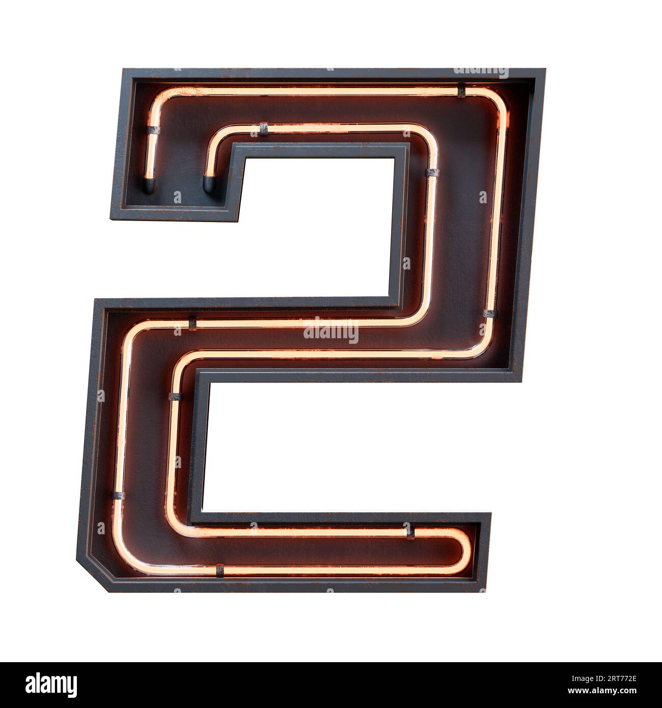 3D illustration of orange Neon light digit number character font. Neon ...
