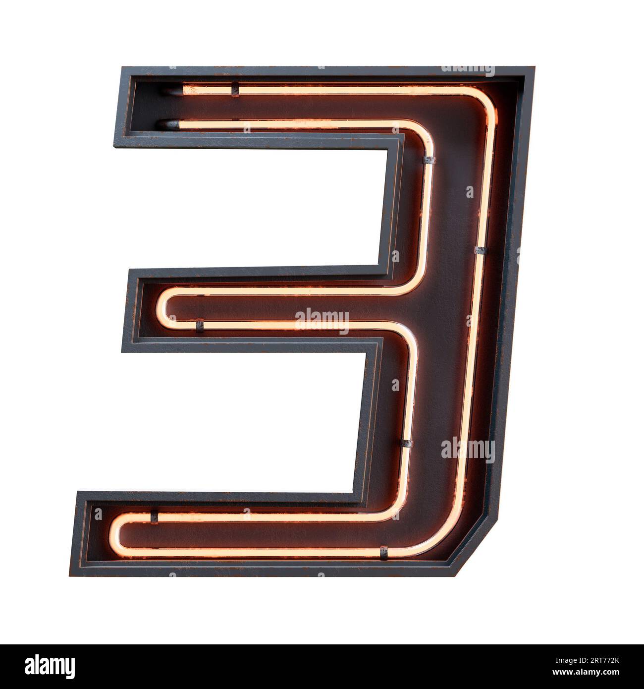 3D illustration of orange Neon light digit number character font. Neon ...
