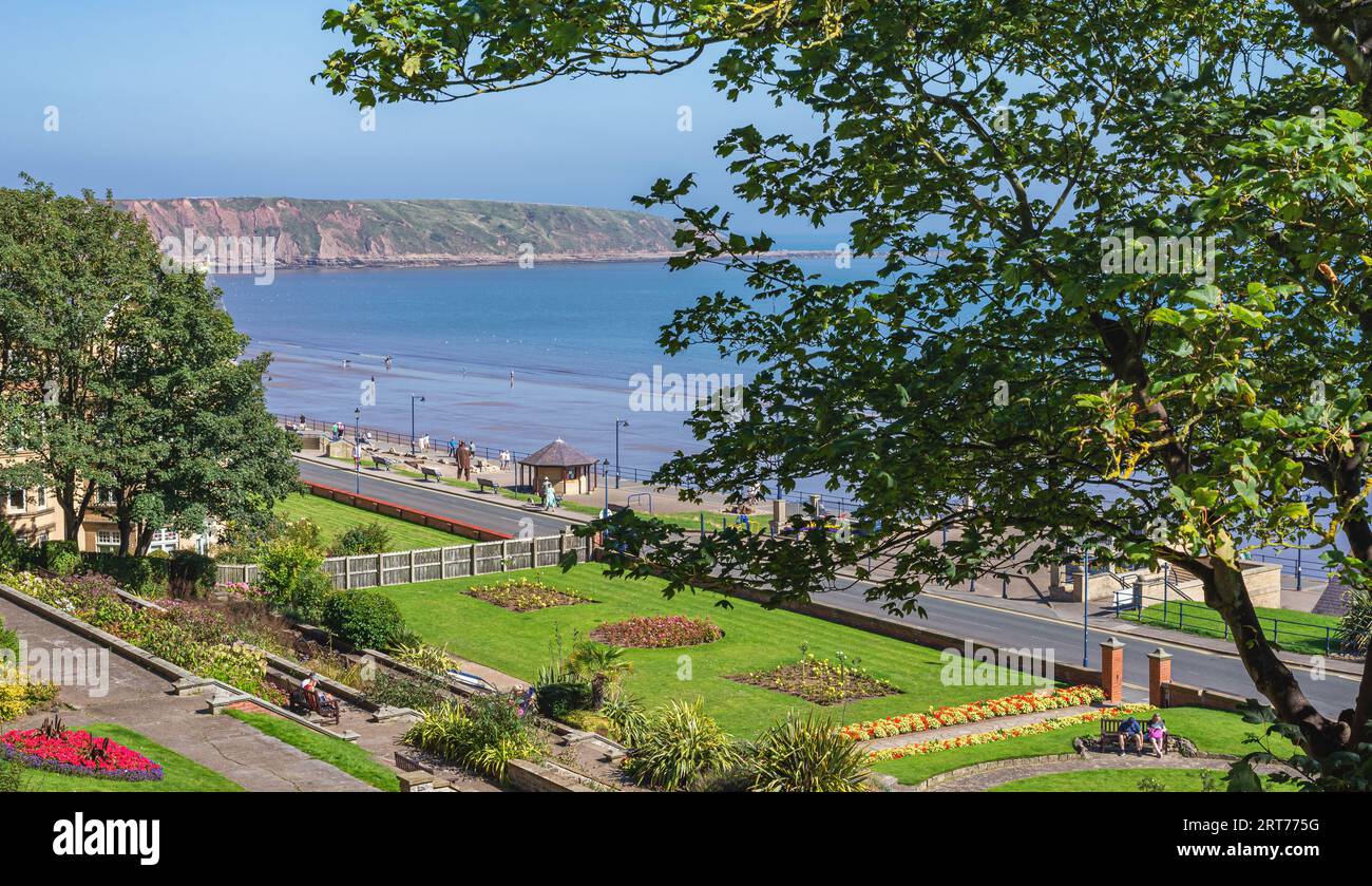 A view of the bay at Filey through some trees. There is a road and the ...