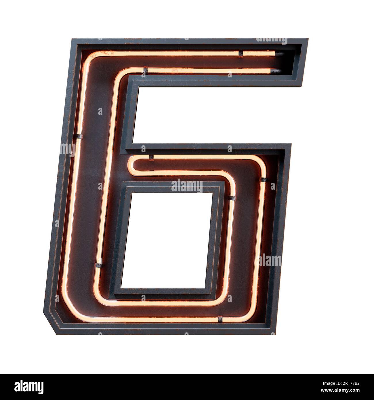 3D illustration of orange Neon light digit number character font. Neon ...