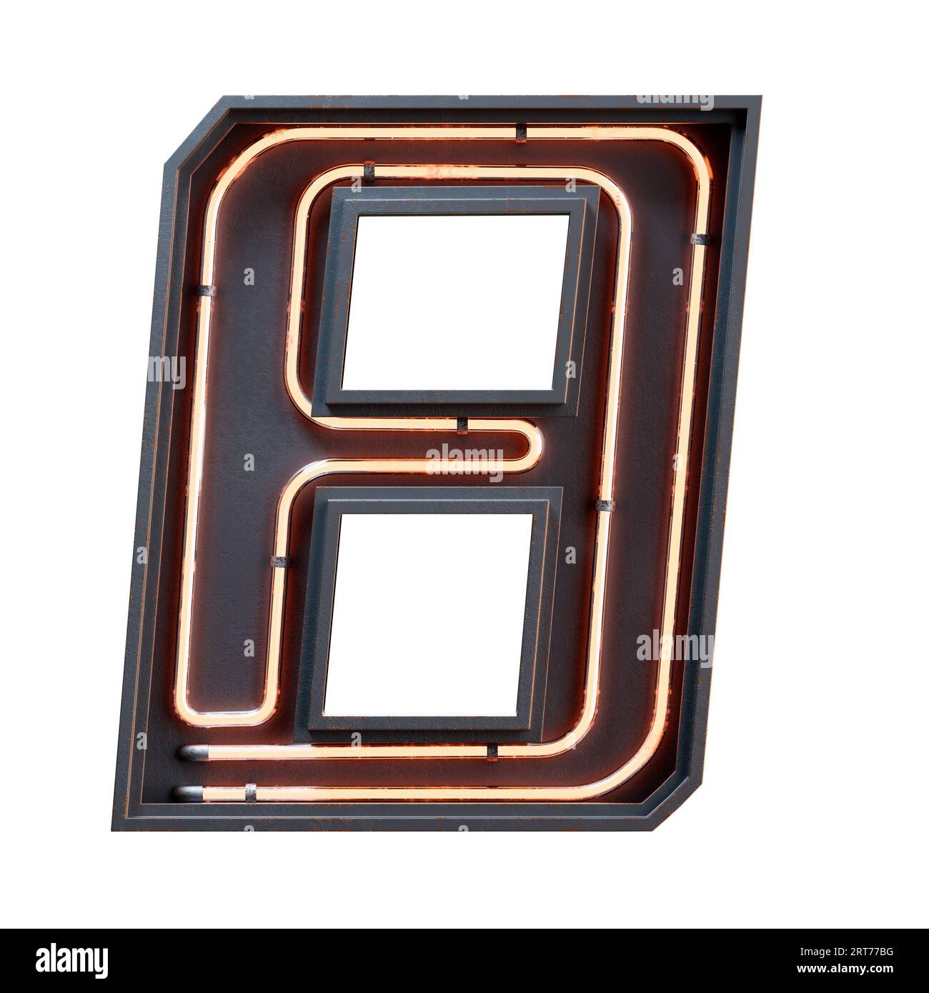 3D illustration of orange Neon light digit number character font. Neon ...