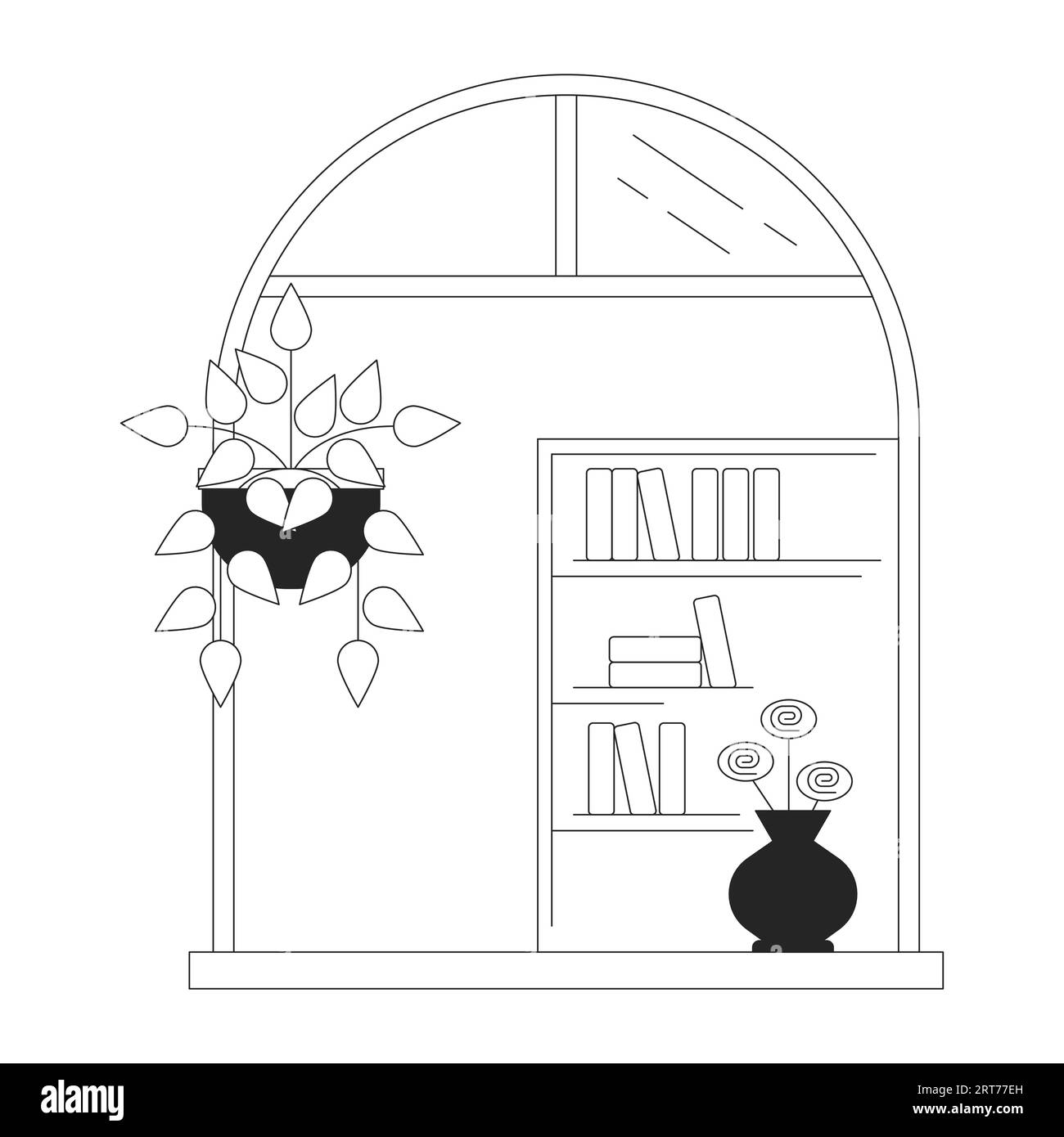 Oval window with decorative plants bw concept vector spot illustration ...