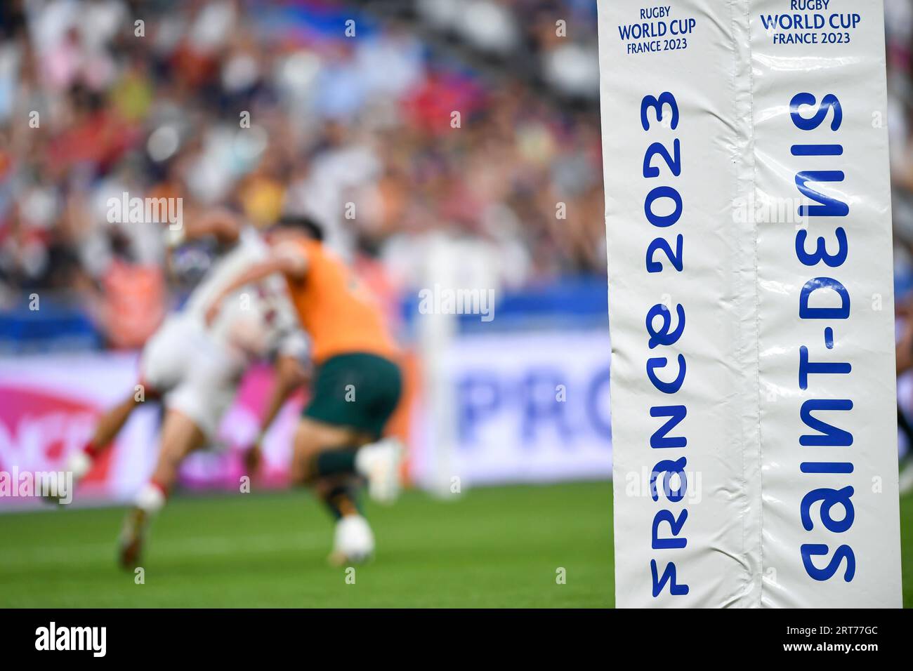 Illustration with the logo of the Rugby World Cup RWC on goal posts ...