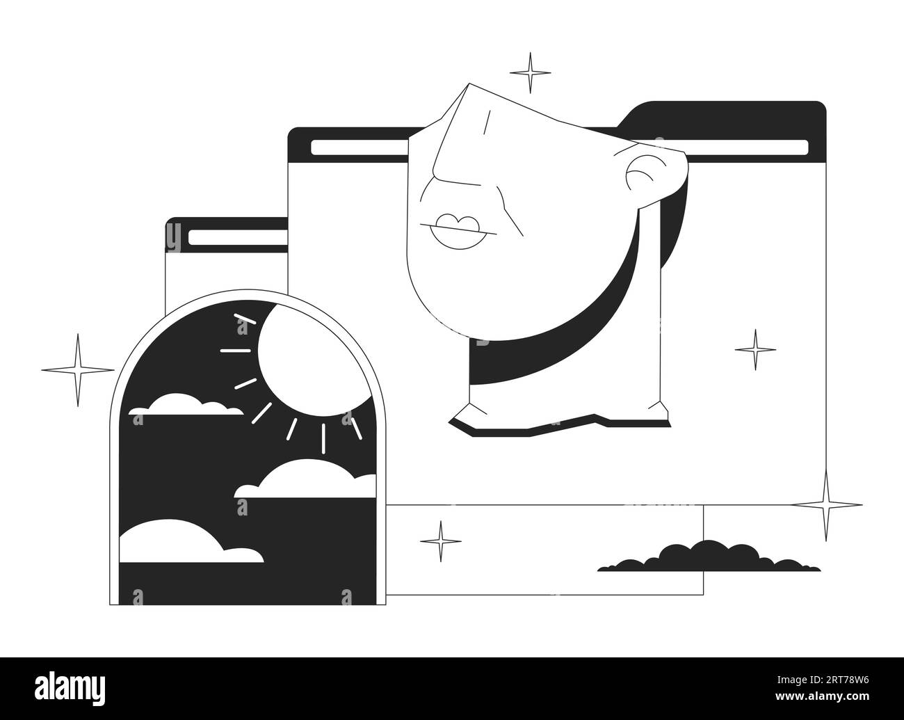Vaporwave statue head, file folders flat monochrome isolated vector ...