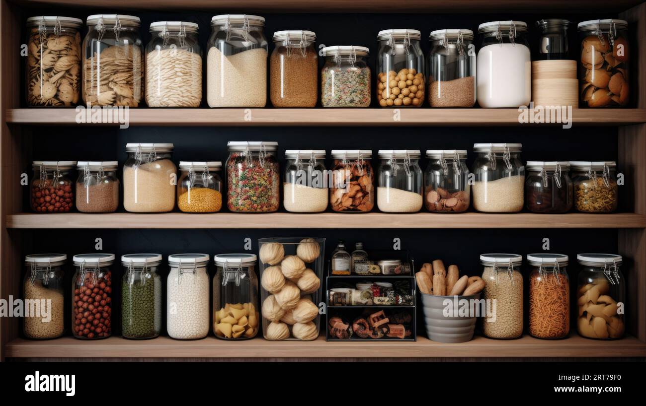 Kitchen shelves with glass jars filled with groceries. concept of zero ...