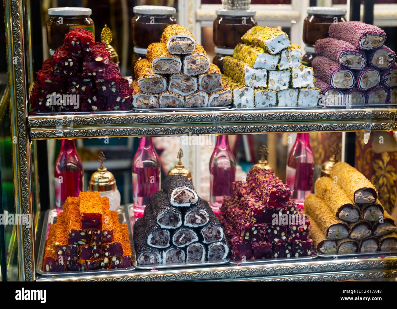 Turkish delight of various varieties on showcase Stock Photo - Alamy