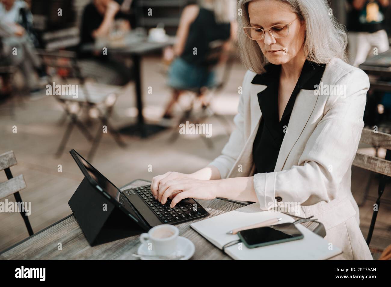 Portrait of beautiful female manager in middle age with gray hair ...