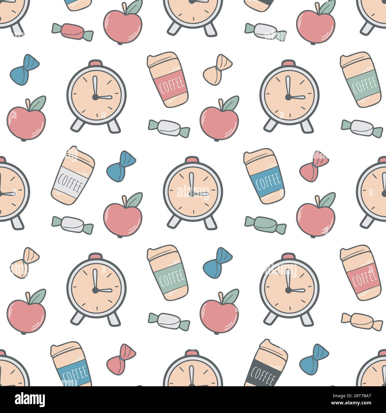 Coffee break concept seamless pattern. Clock, takeaway coffee, food ...