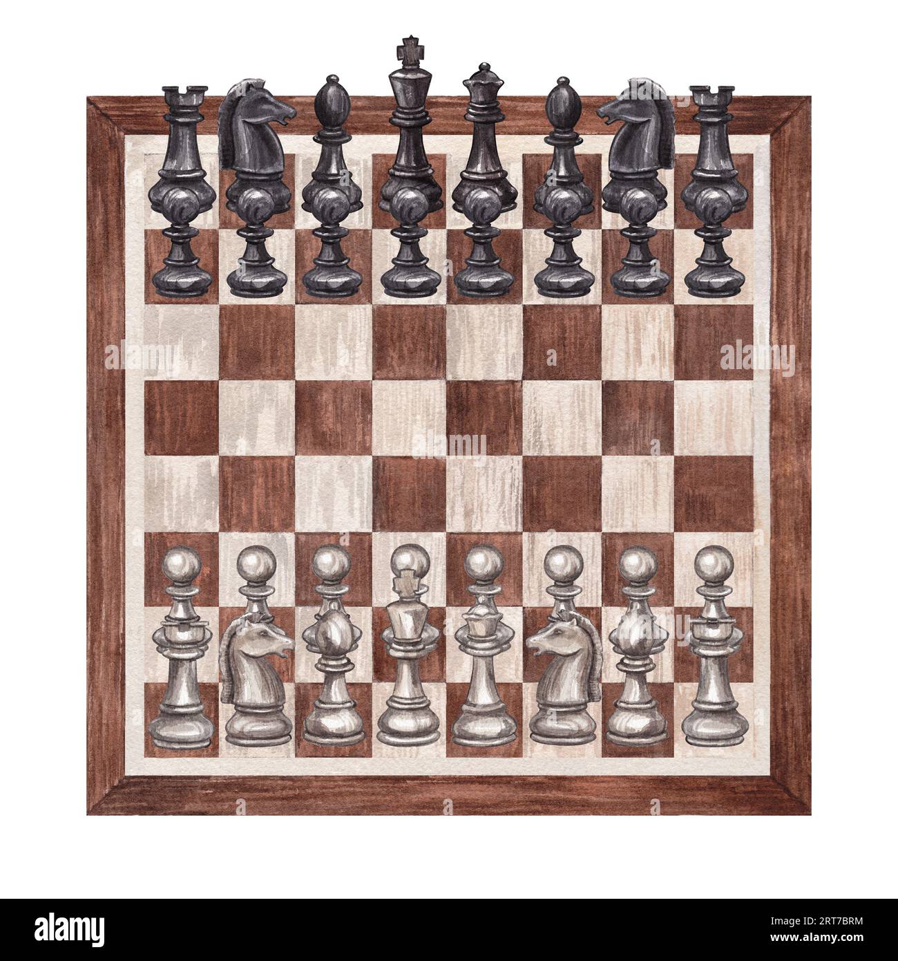Chess pieces on the board. Watercolor hand drawn illustration of wooden ...