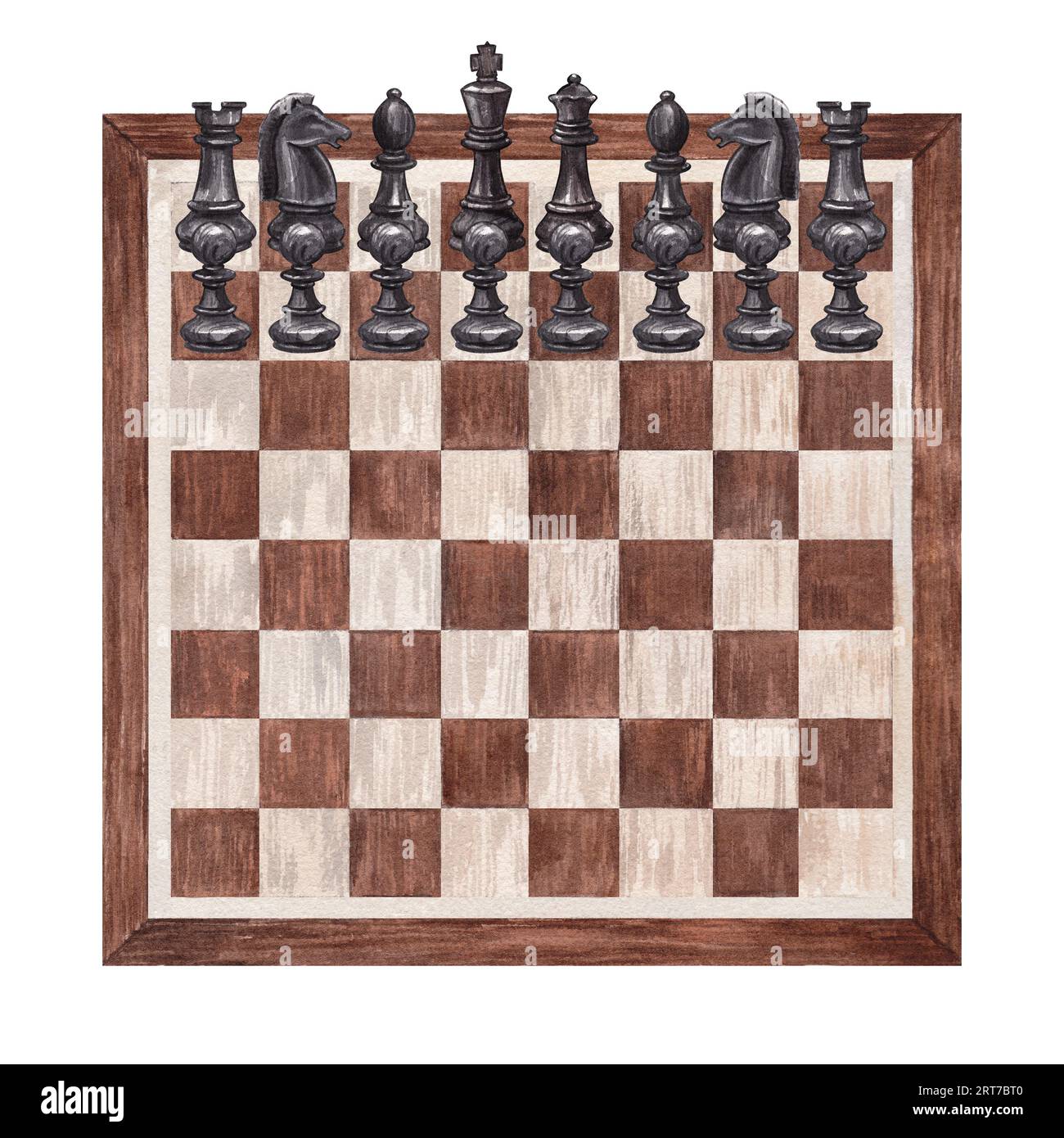 Black chess pieces on the board. Watercolor hand drawn illustration of wooden chess board game ...
