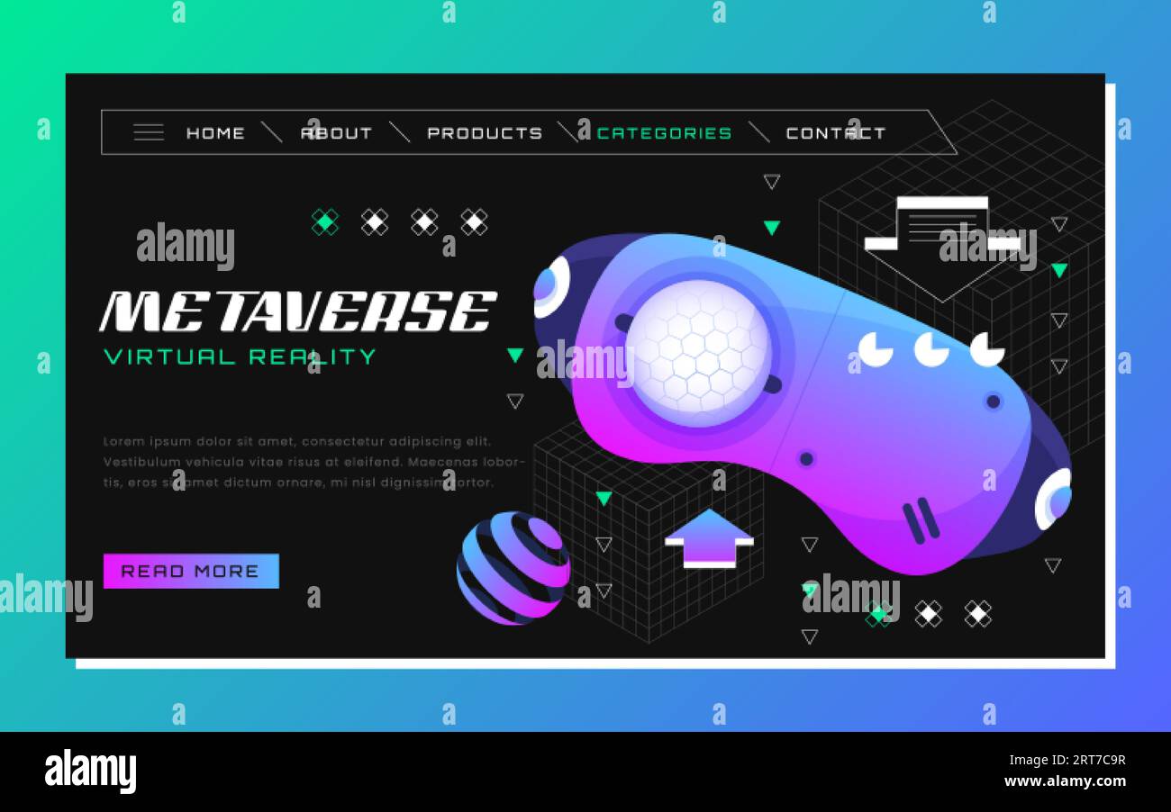Metaverse landing page. VR glasses for gaming with simple objects floating around on purple ...