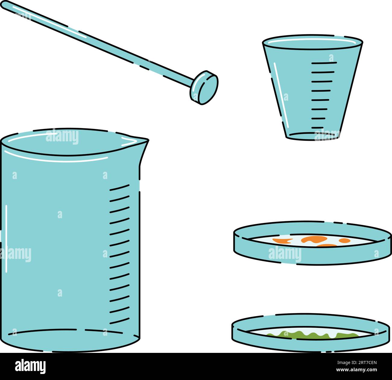 Glass instruments for chemical experiments, flasks, stick, petri dish ...