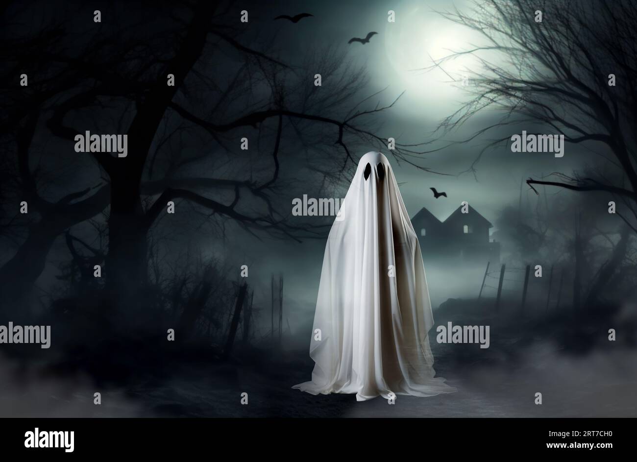 A scary ghost hiding in the forest on a full moon. Halloween background ...