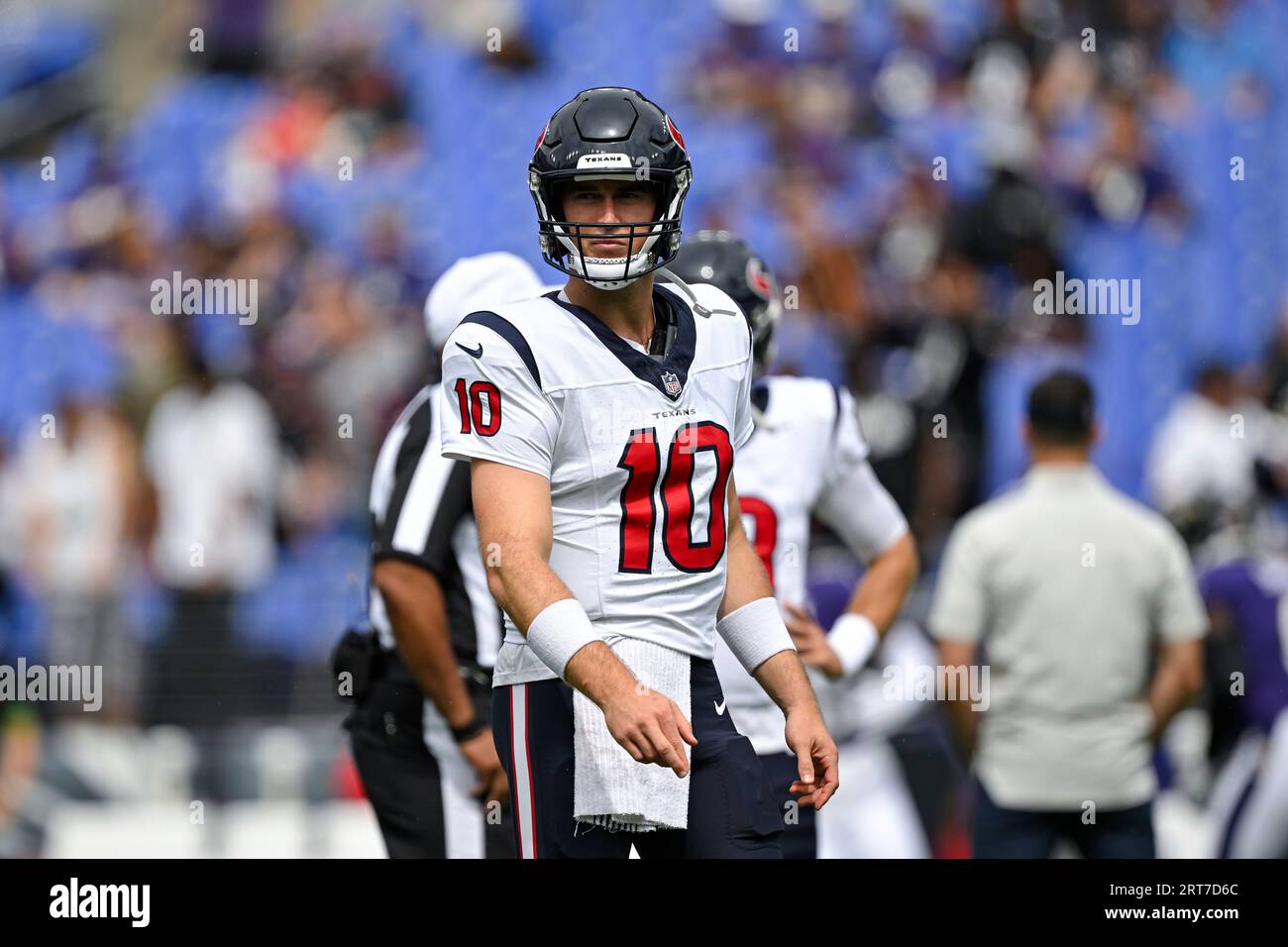 Houston Texans quarterback Davis Mills (10) looks on during pre-game warm-ups before an NFL ...