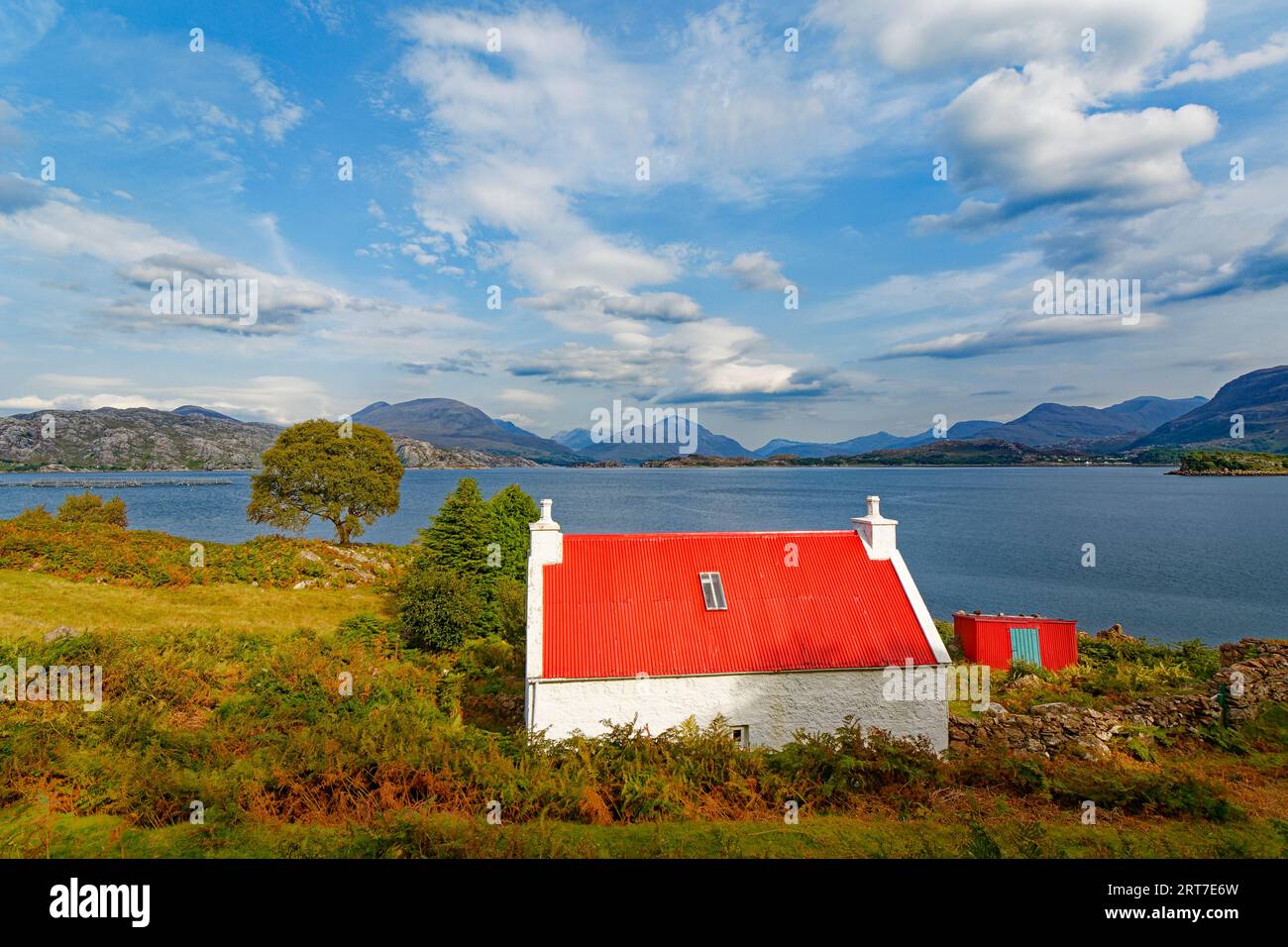 Shieldaig Sutherland Scotland a red roof cottage looking across the ...