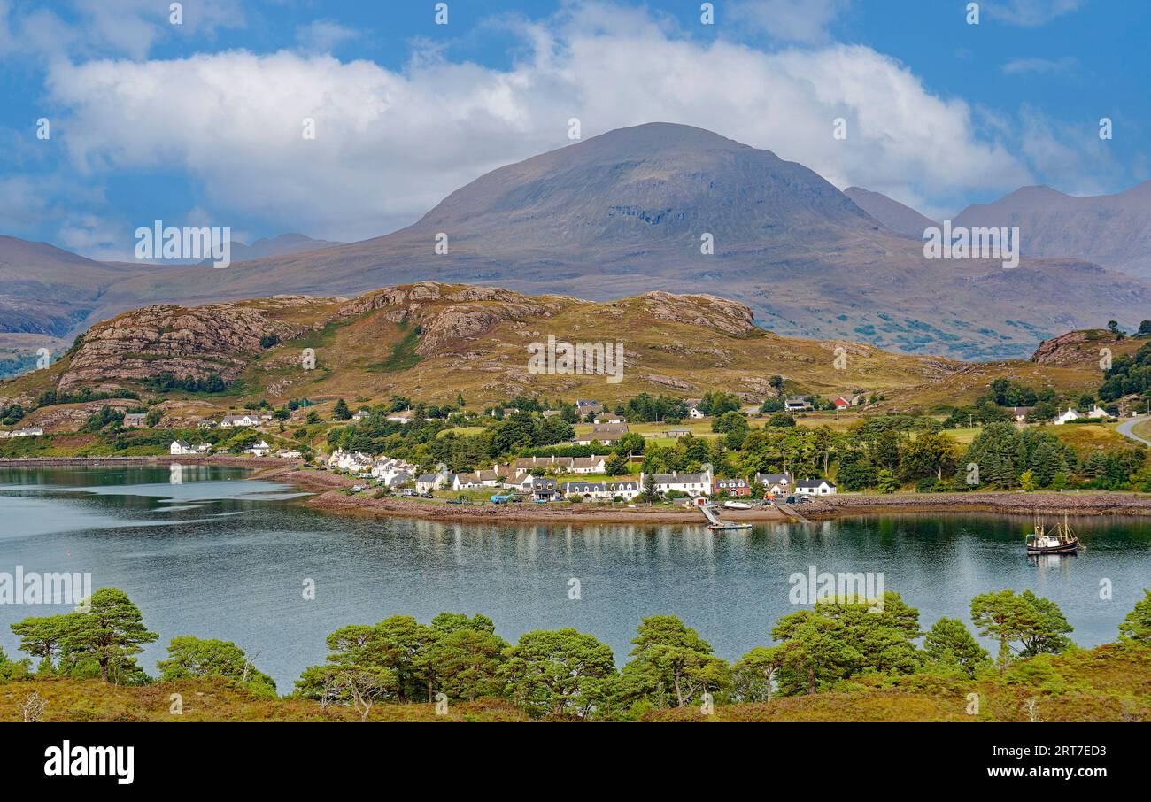 Shieldaig Sutherland Scotland looking across the Loch to village houses ...