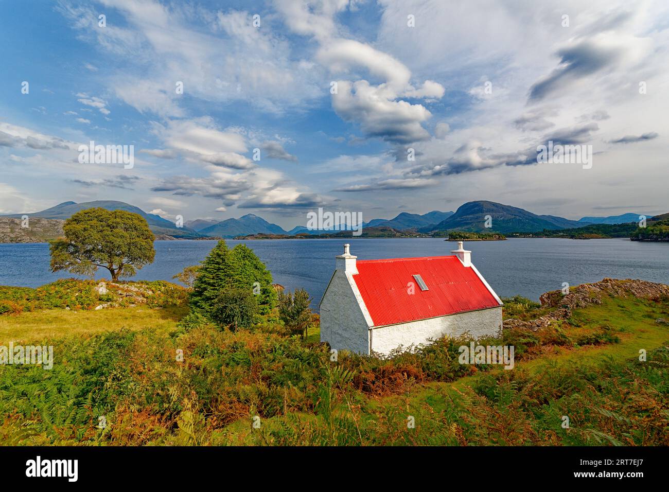 Shieldaig Sutherland Scotland red roof cottage looking across the Loch ...