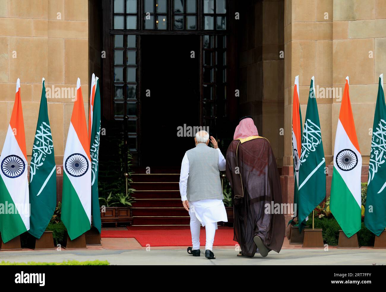 New Delhi, India. 11th Sep, 2023. Indian Prime Minister Narendra Modi receives Saudi Arabia's ...