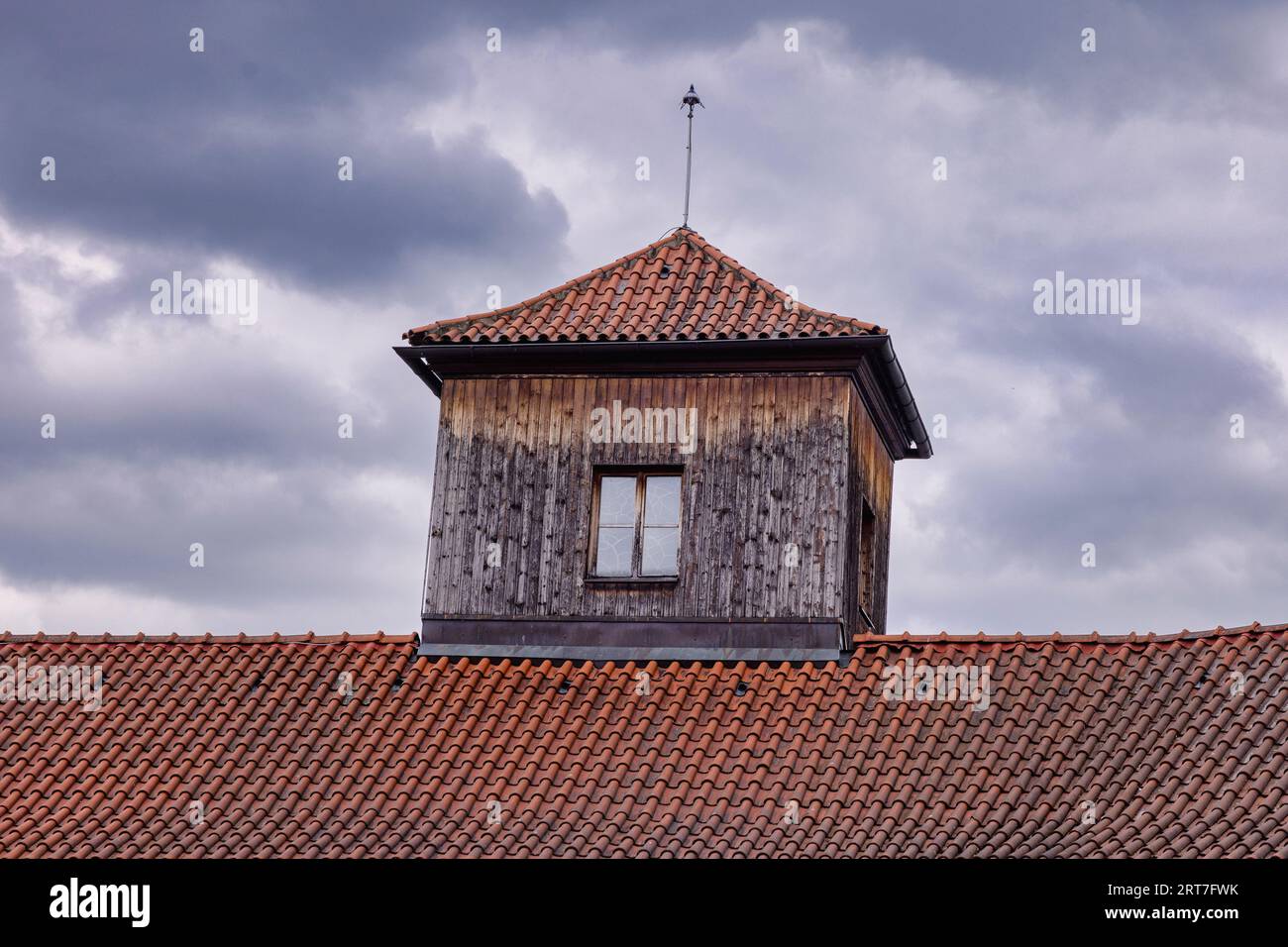 An aerial view of an old historic building, featuring its windows and ...