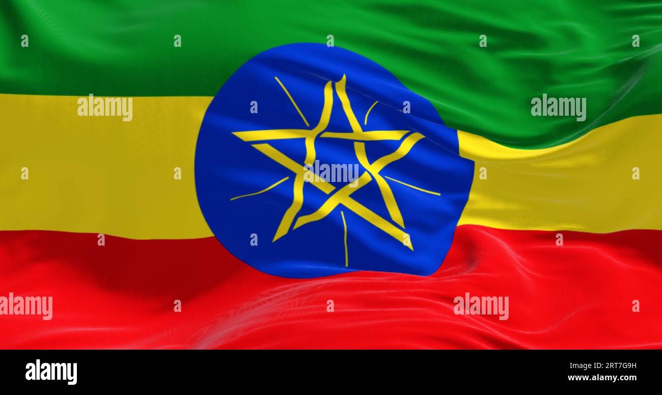 Close-up of Ethiopia national flag waving in the wind. Horizontal bands ...