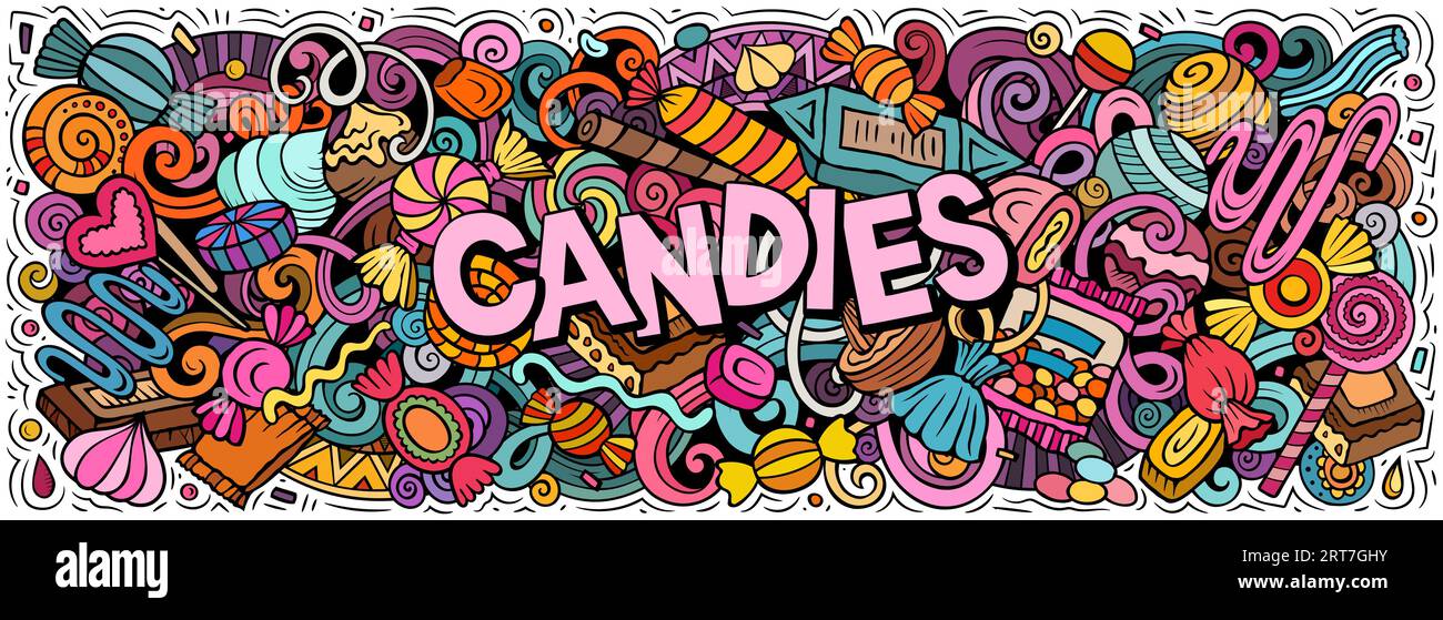 Cartoon vector Candies doodle illustration features a variety of sweet ...