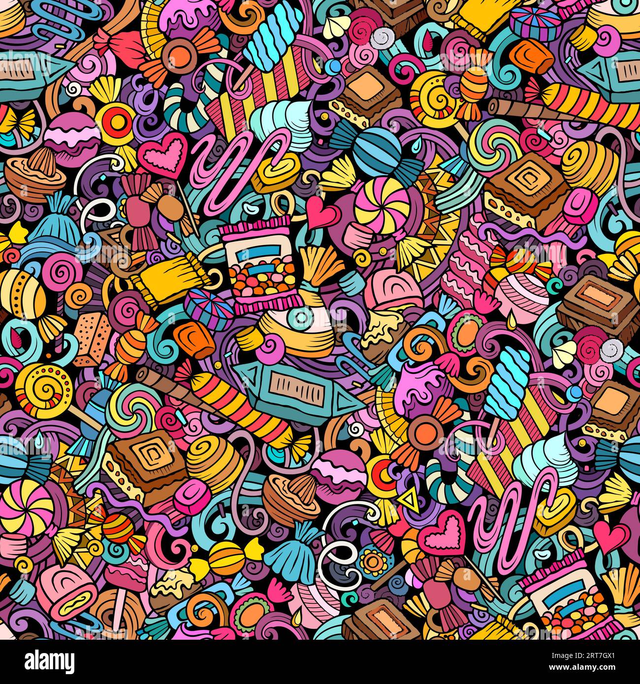 Cartoon doodle seamless pattern features a variety of Candies objects ...