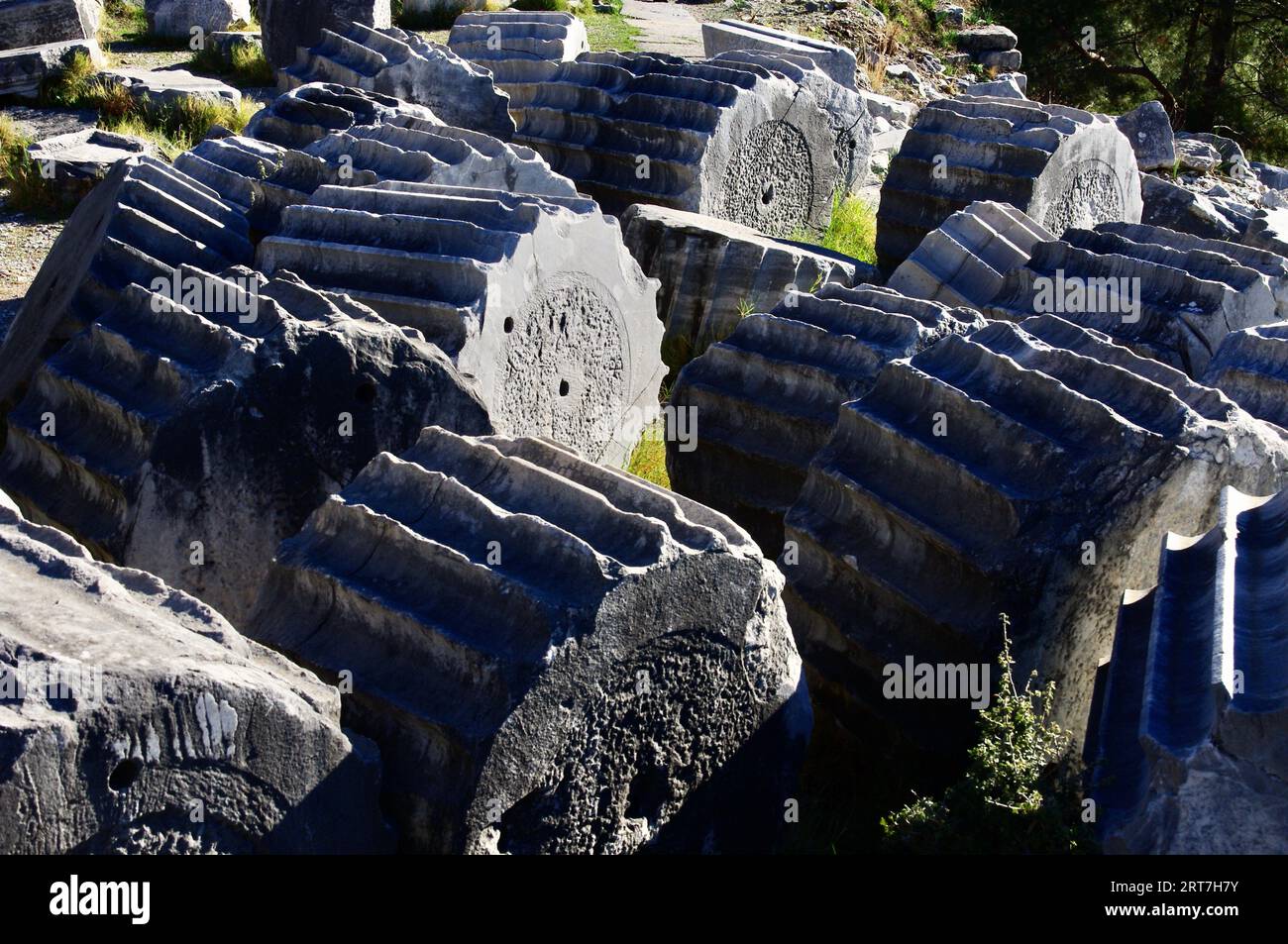 Fallen column segments at The Temple of Athena Polias. Priene, Turkey ...
