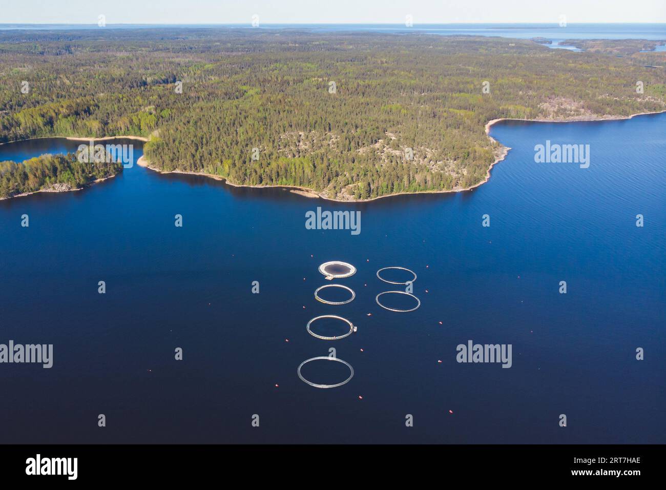 Aerial drone view of circle sea fish farm cages and round fishing nets ...