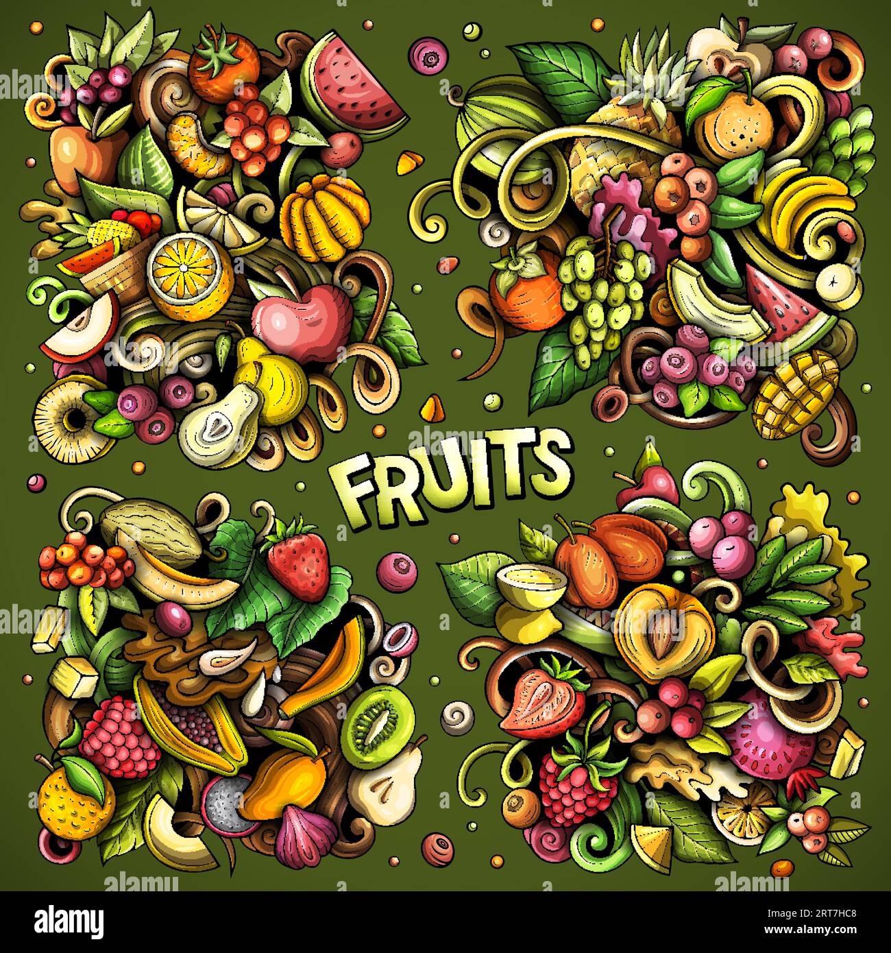 Fresh fruits cartoon vector doodle designs set. Colorful detailed ...