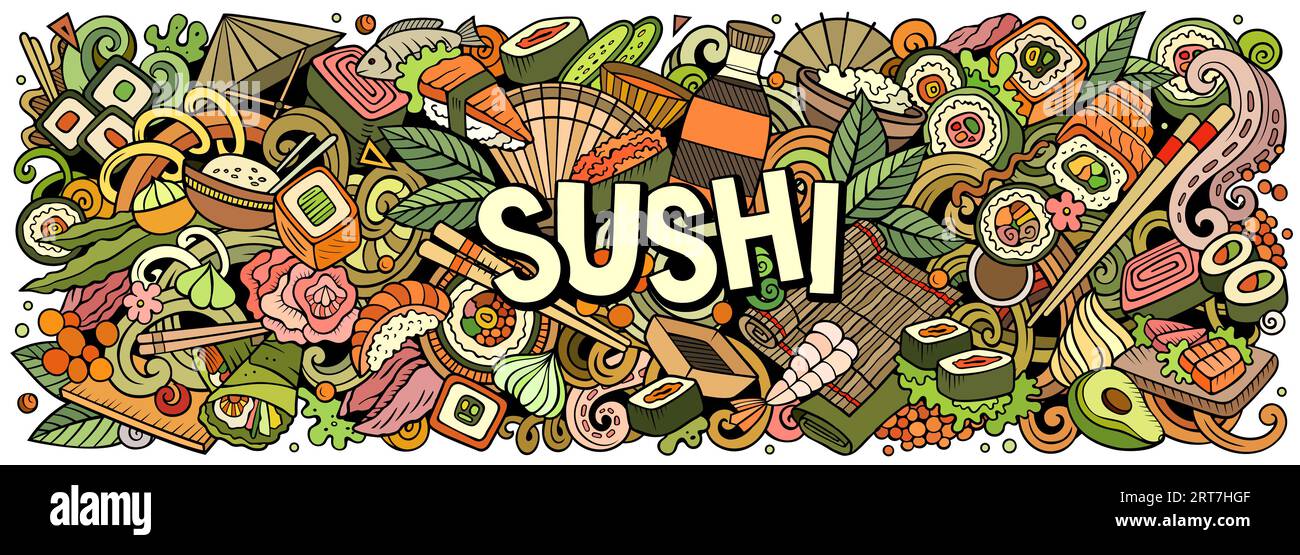 Cartoon vector Sushi doodle illustration features a variety of Japanese ...