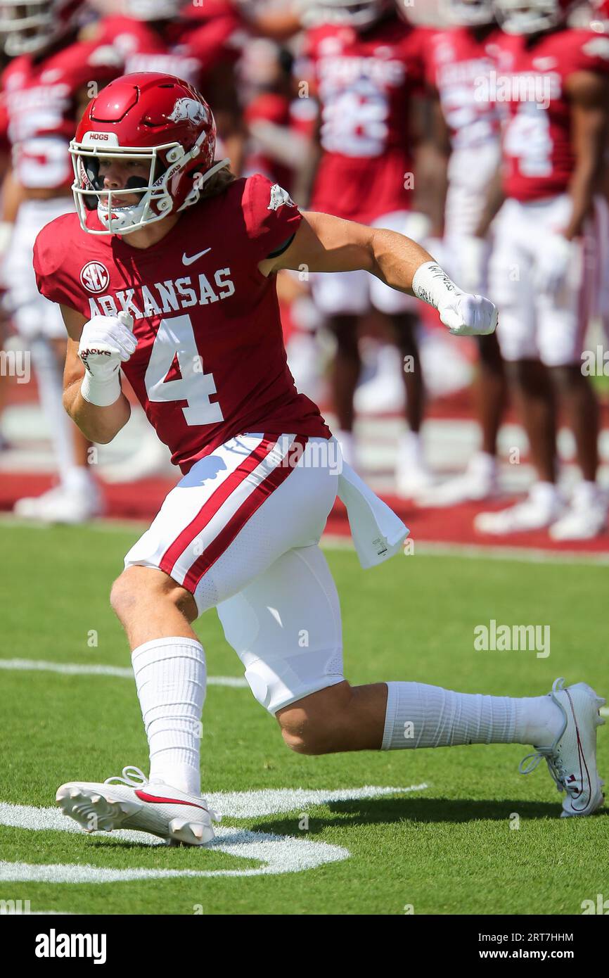 September 9, 2023: Arkansas receiver Isaac TeSlaa #4 makes a cut on a ...
