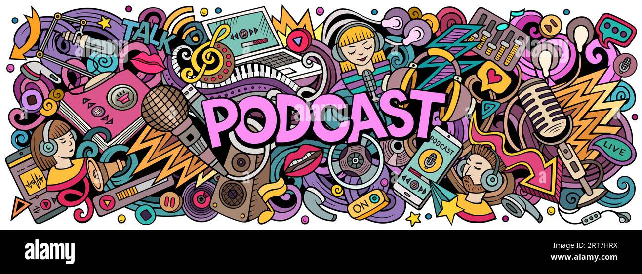 Cartoon vector Podcast doodle illustration features a variety of Audio ...