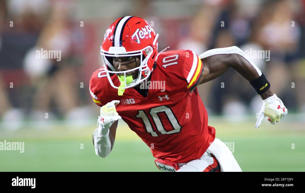 Maryland wide receiver Tai Felton (10) runs during an NCAA football ...