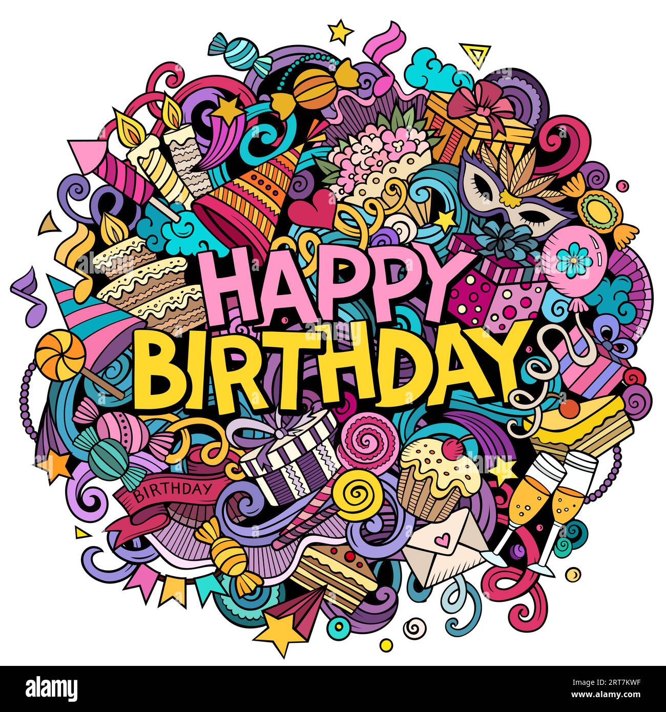 Cartoon vector Happy Birthday doodle illustration features a variety of ...
