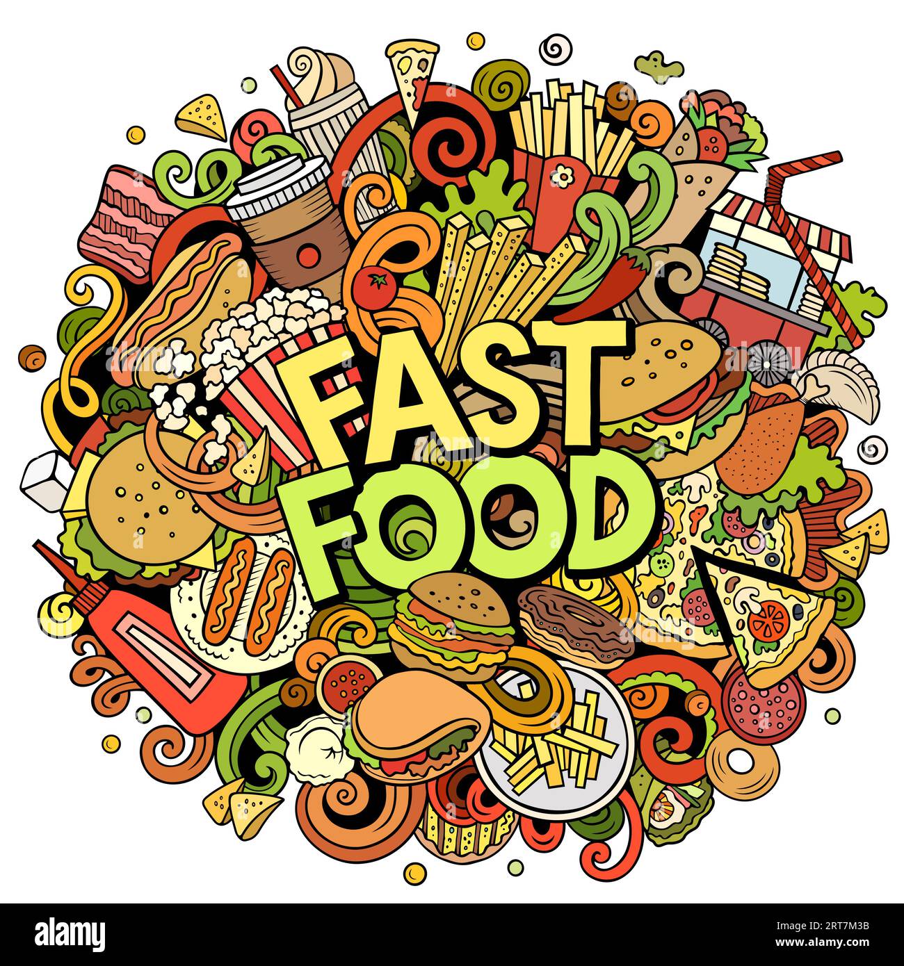 Fastfood cartoon doodles illustration. Fast food funny objects and ...