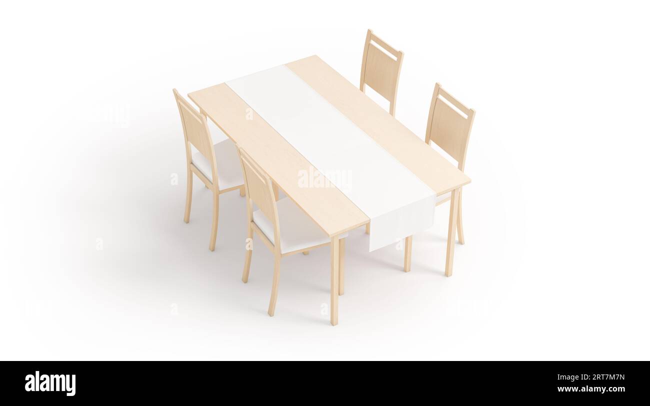 Blank wood table with white runner mockup, side view, 3d rendering ...