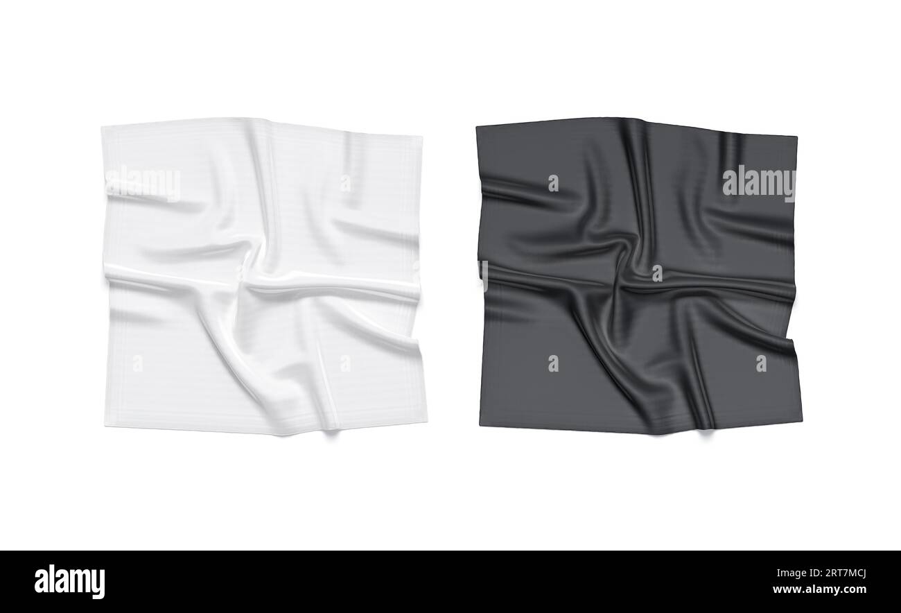 Blank black and white twill silk scarf mockup, top view, 3d rendering ...