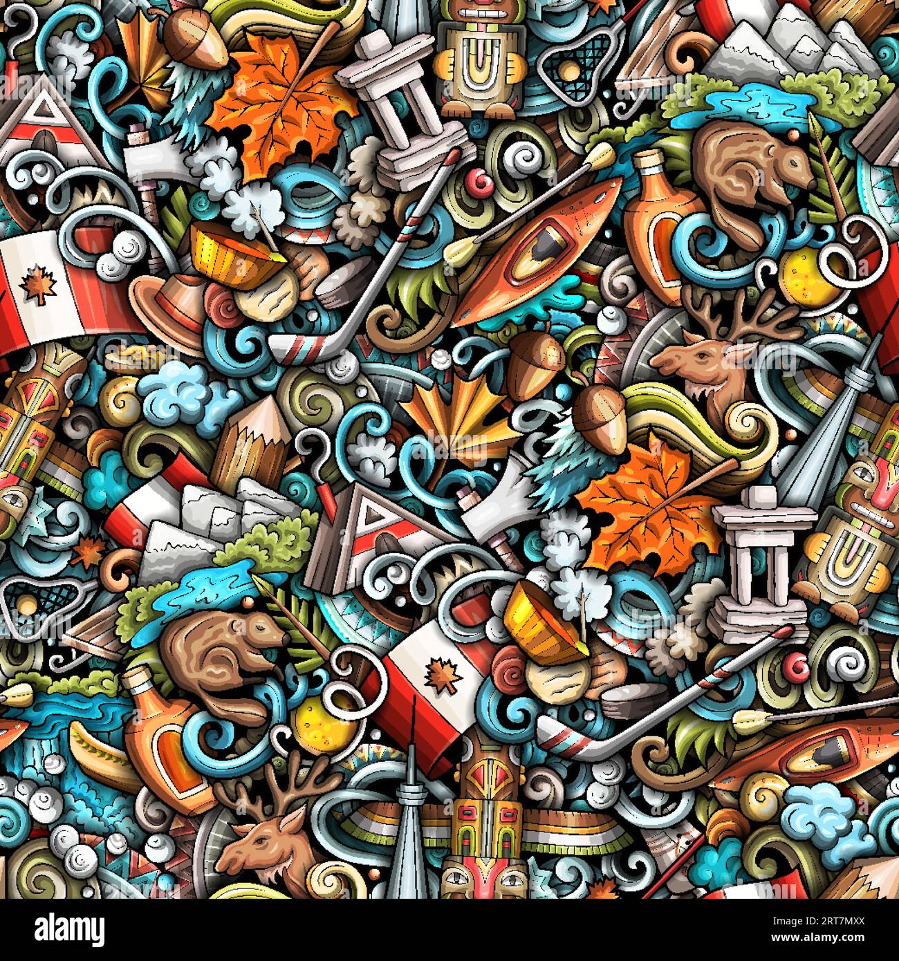 Cartoon doodles Canada seamless pattern. Backdrop with local Canadian ...