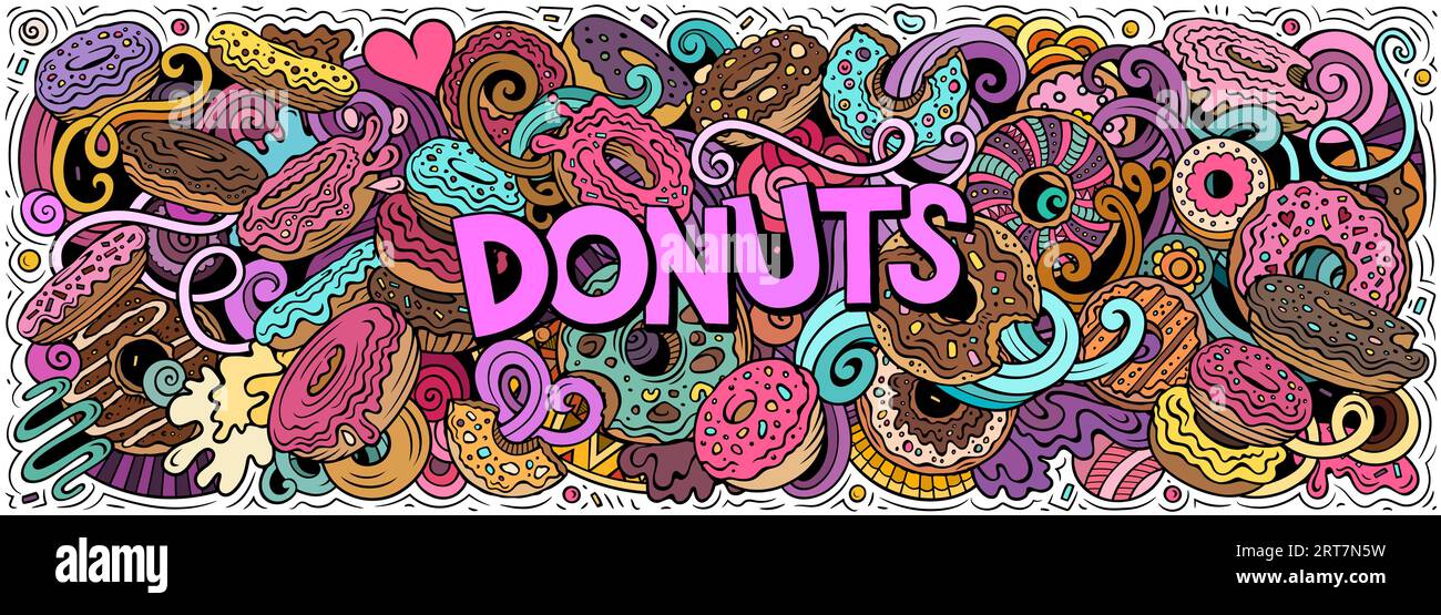 Cartoon vector Donuts doodle illustration features a variety of sweet ...