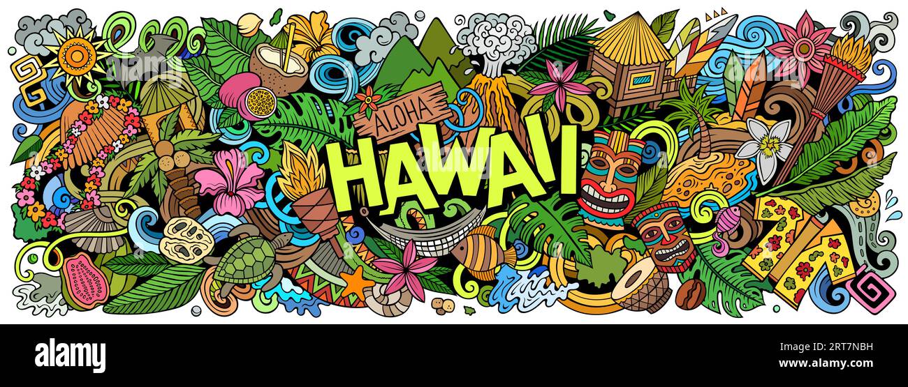 Vector illustration with Aloha Hawaii theme doodles. Vibrant and eye ...