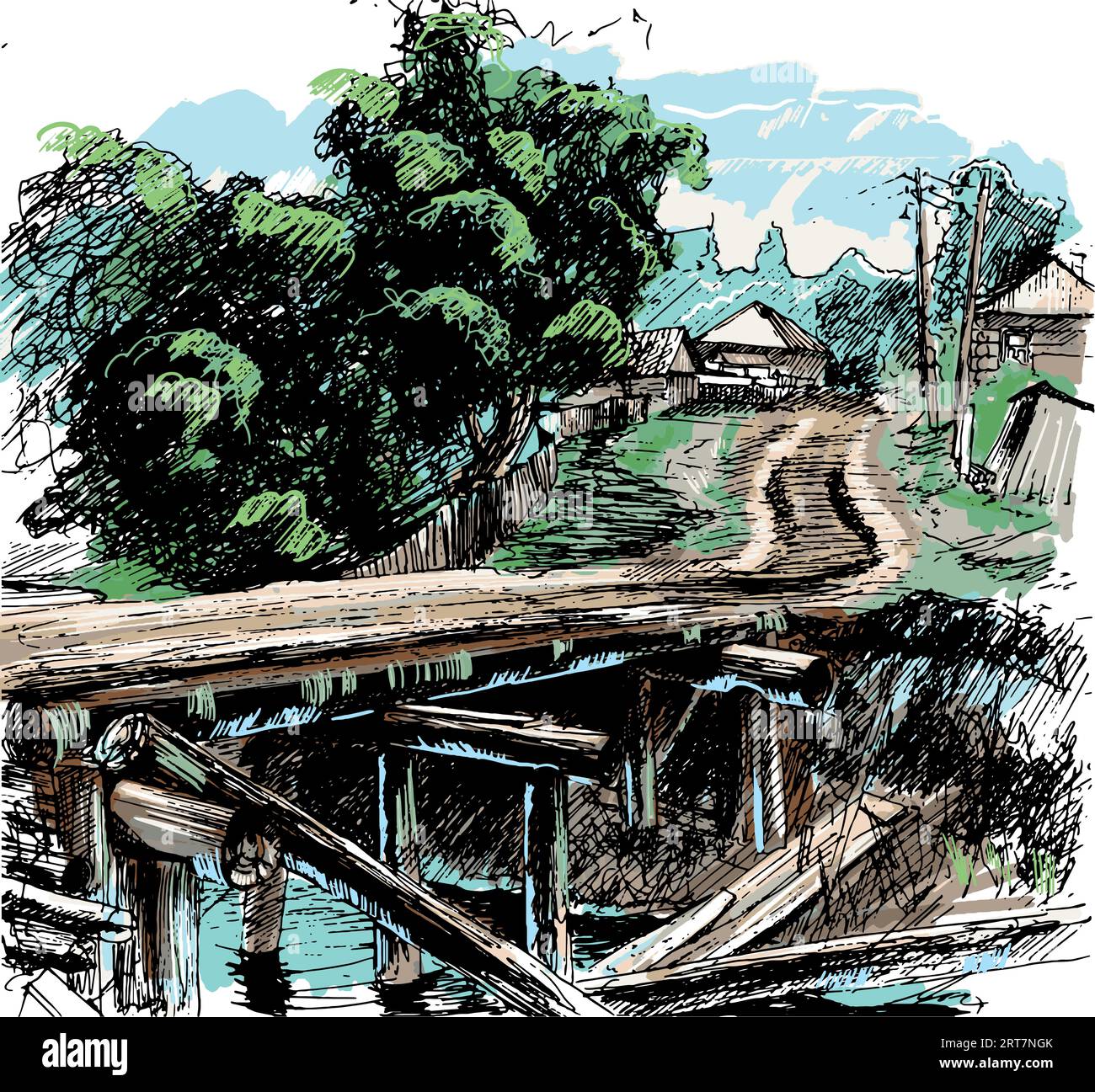 Rural landscape with wooden house, hand drawn and converted to vector ...