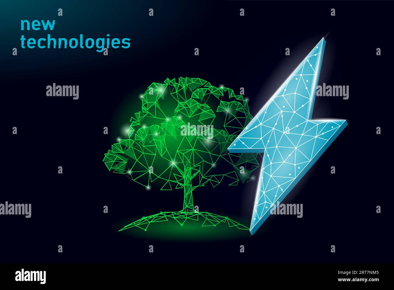 3D plant green lightning saving energy ecology concept. Polygonal light ...