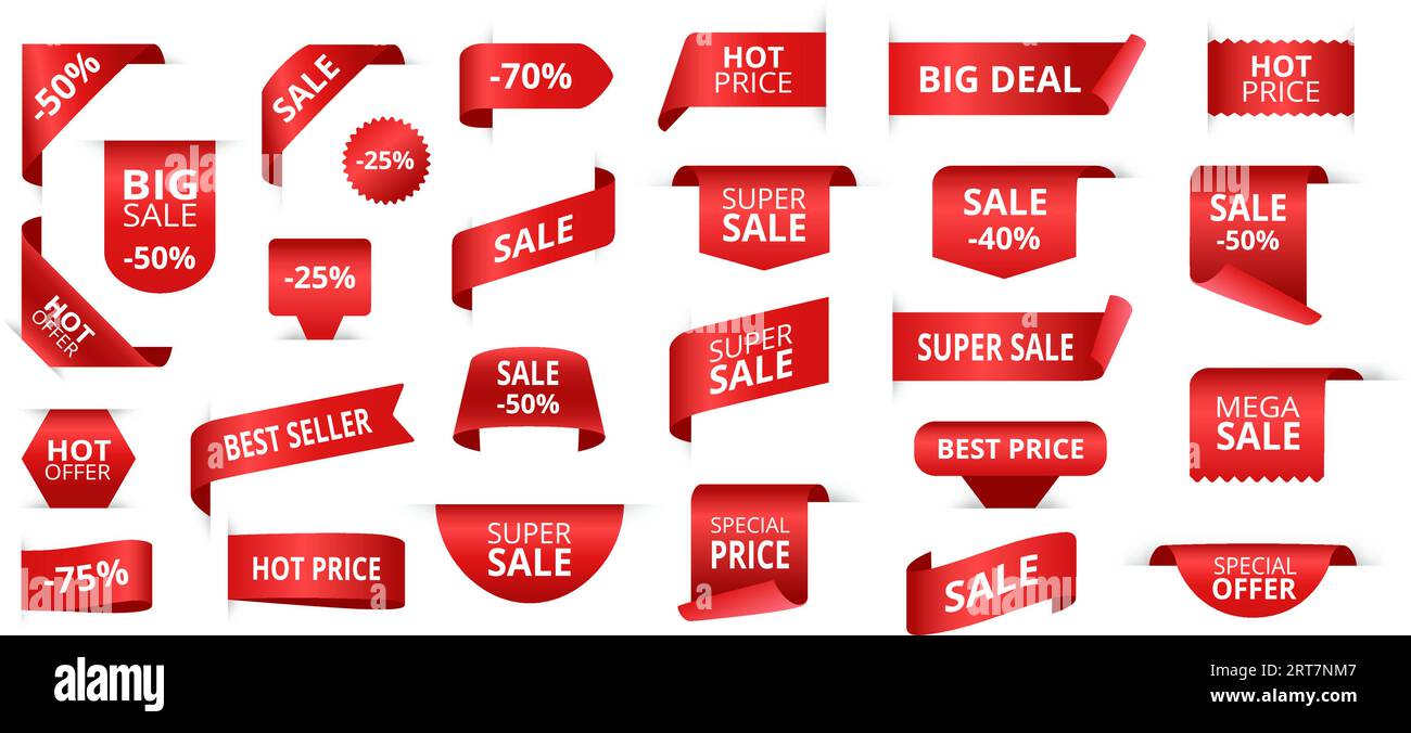 Sale tags. Red ribbon discount labels, special offer badges and ...