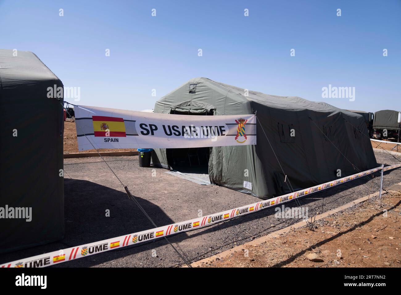 A camp set up by the Spanish Military Emergency Unit to assist with the ...