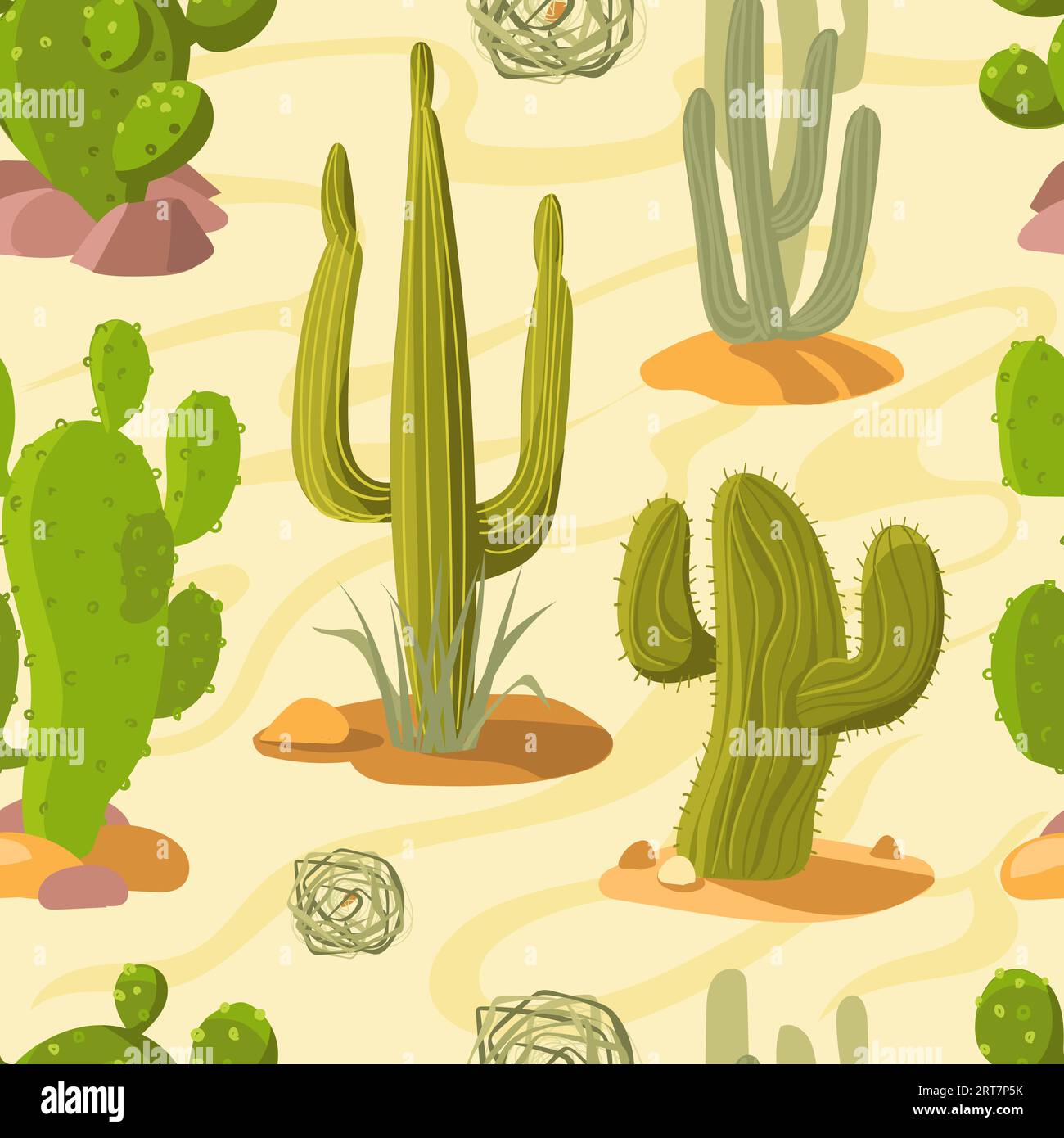 Cartoon desert cacti seamless pattern. Hot arid climate zone elements. Drought scenery. Sand ...