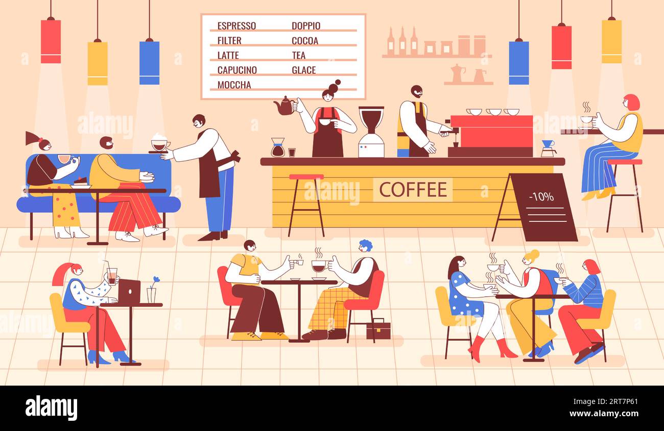 Coffee shop with visitors. Colorful cafe interior with group of people ...