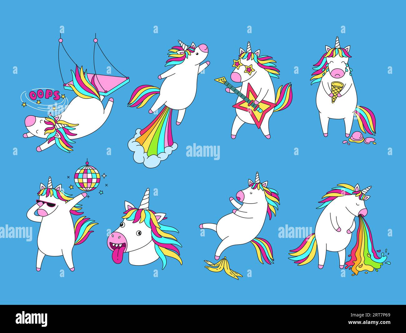Goofy cartoon unicorns. Funny dumb magic unicorn face, failure fall and ...